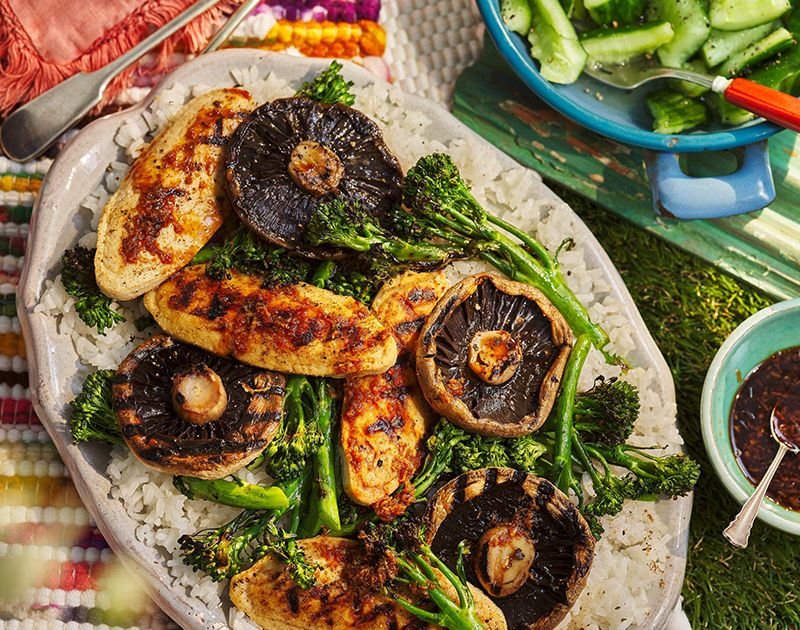 Asian-style Quorn with chargrilled veg, smashed cucumbers and sticky ...