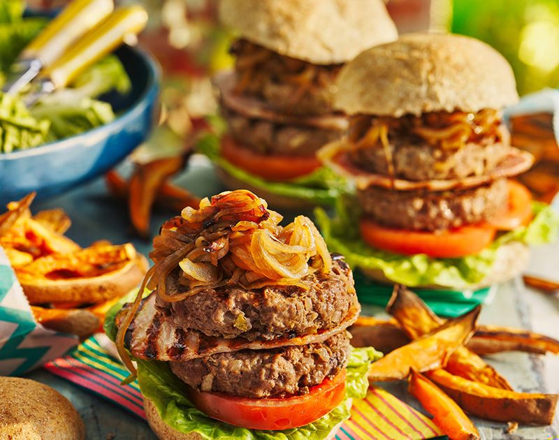 Double-stacked bacon burgers with slow-roasted sweet onions | Slimming ...